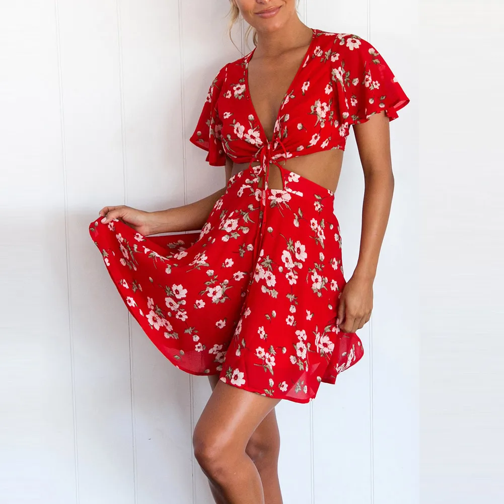 Robe Sexy Backless Chiffon Beach Dress Women Floral Print Summer Causal