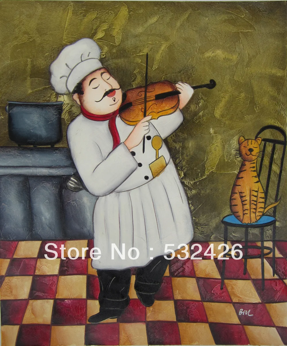 Chef Playing the Violin in Kitchen 20X24 Handpainted Oil Painting on ...