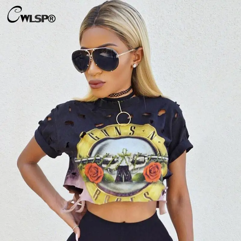 Cwlsp2019 Sexy Hole Women T Shirt Guns N Roses Print Crop Tops Hollow