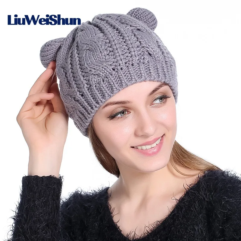 Women's Winter Knitted Wool Hats Female Lovely Cat Cap Outdoor Beanies ...
