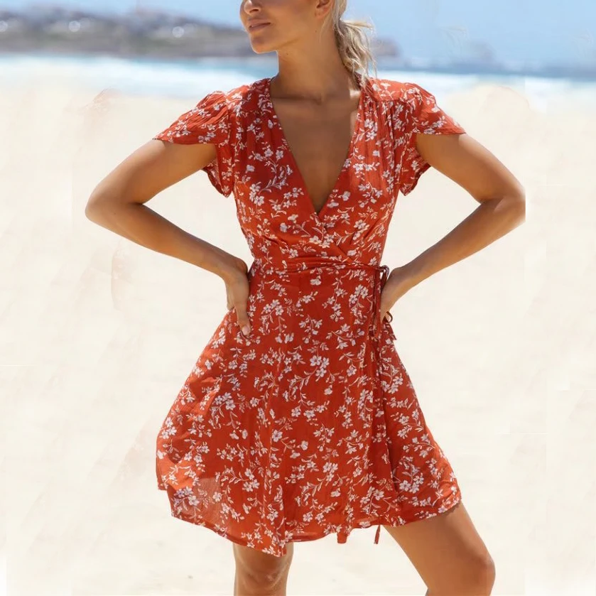 Sexy Summer Dress Women Deep V Neck Cap Wrap Dress With Sash Lady Casual Mini Dresses Floral
