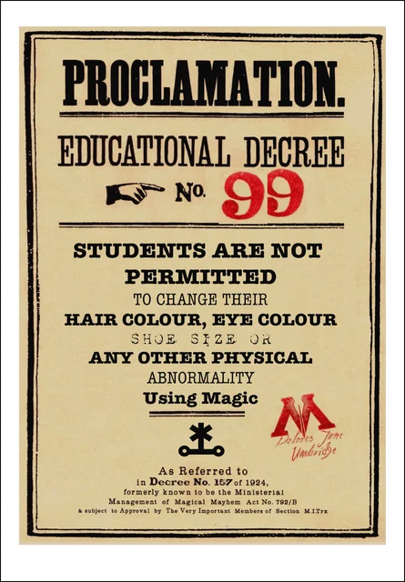 Harry Potter Posters Hogwarts Umbridge Educational Decrees proclamation ...