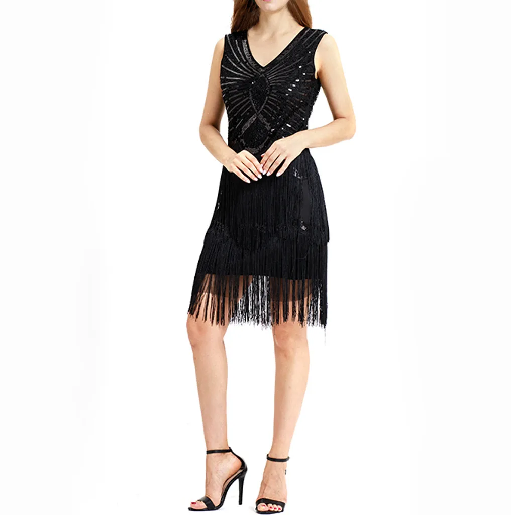Women Vintage Sheath Sleeveless Dress 1920s Bead Fringe Sequin Lace