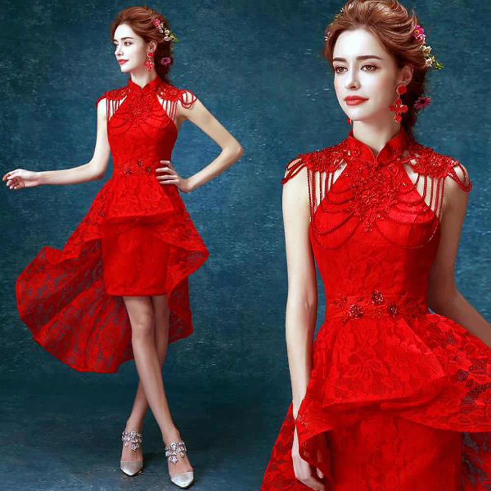 New fashion 2016 vintage red halter lace short front long back evening ...