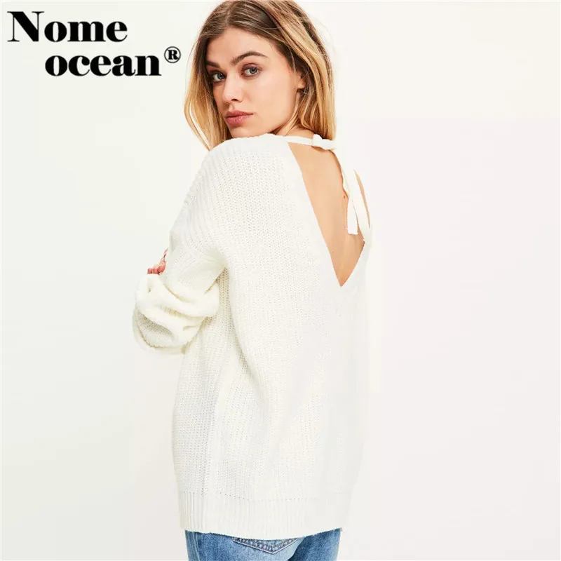 White Tie Back Plunge Jumper Lace up Cut Out Back Women Sweaters 2018 ...