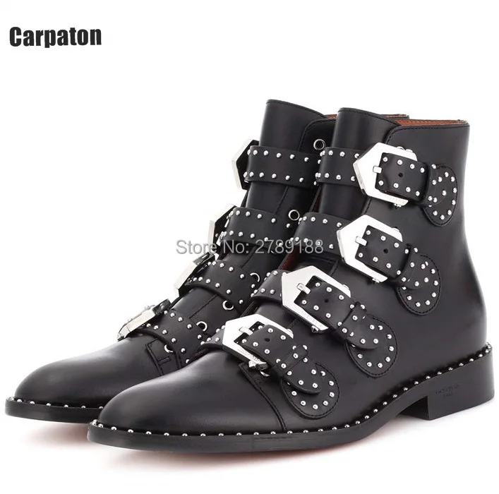2017 New Leather Rivets Booties Buckle Straps Thick Heel Black Ankle ...