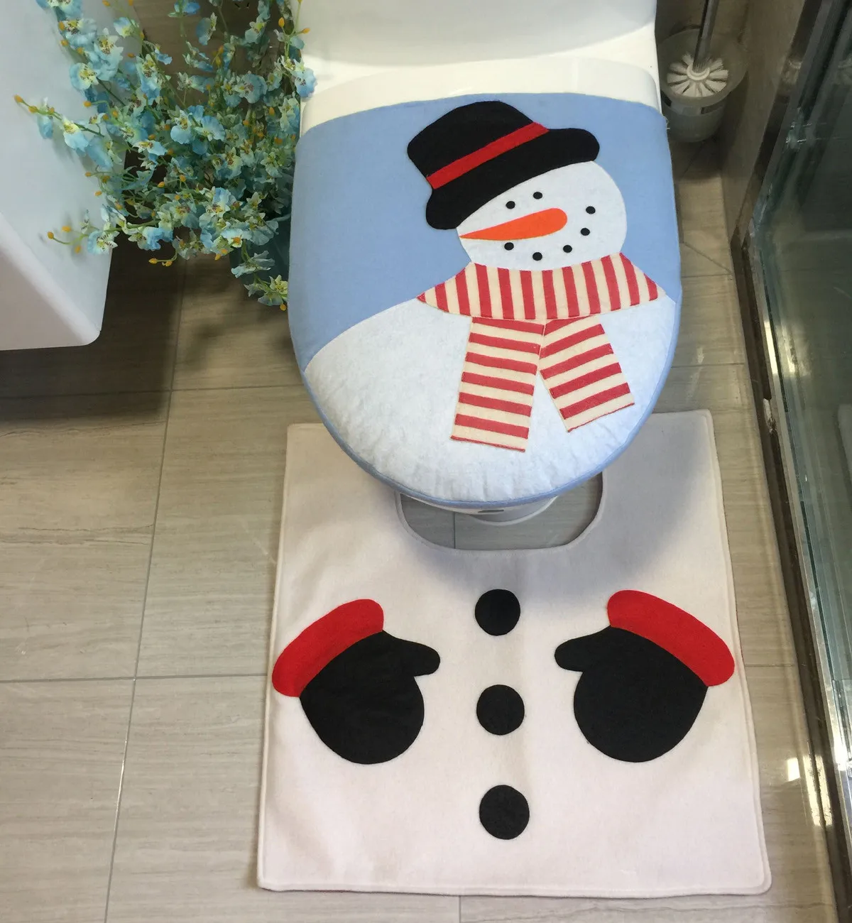 2pcs Set Fancy Snowman Toilet Seat Cover And Rug Bathroom Set Christmas