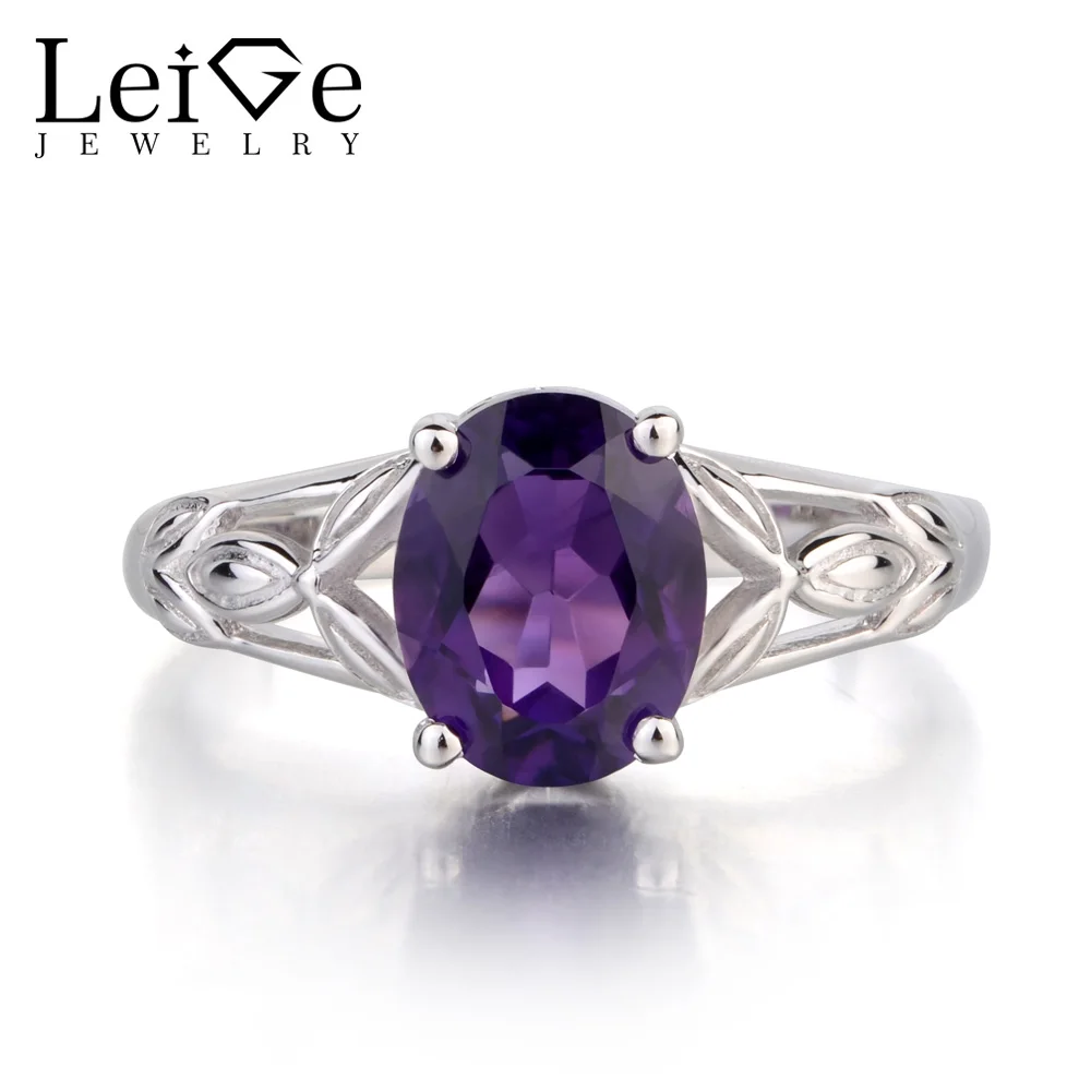 Leige Jewelry Natural Purple Amethyst Ring Oval Cut Gemstone February ...