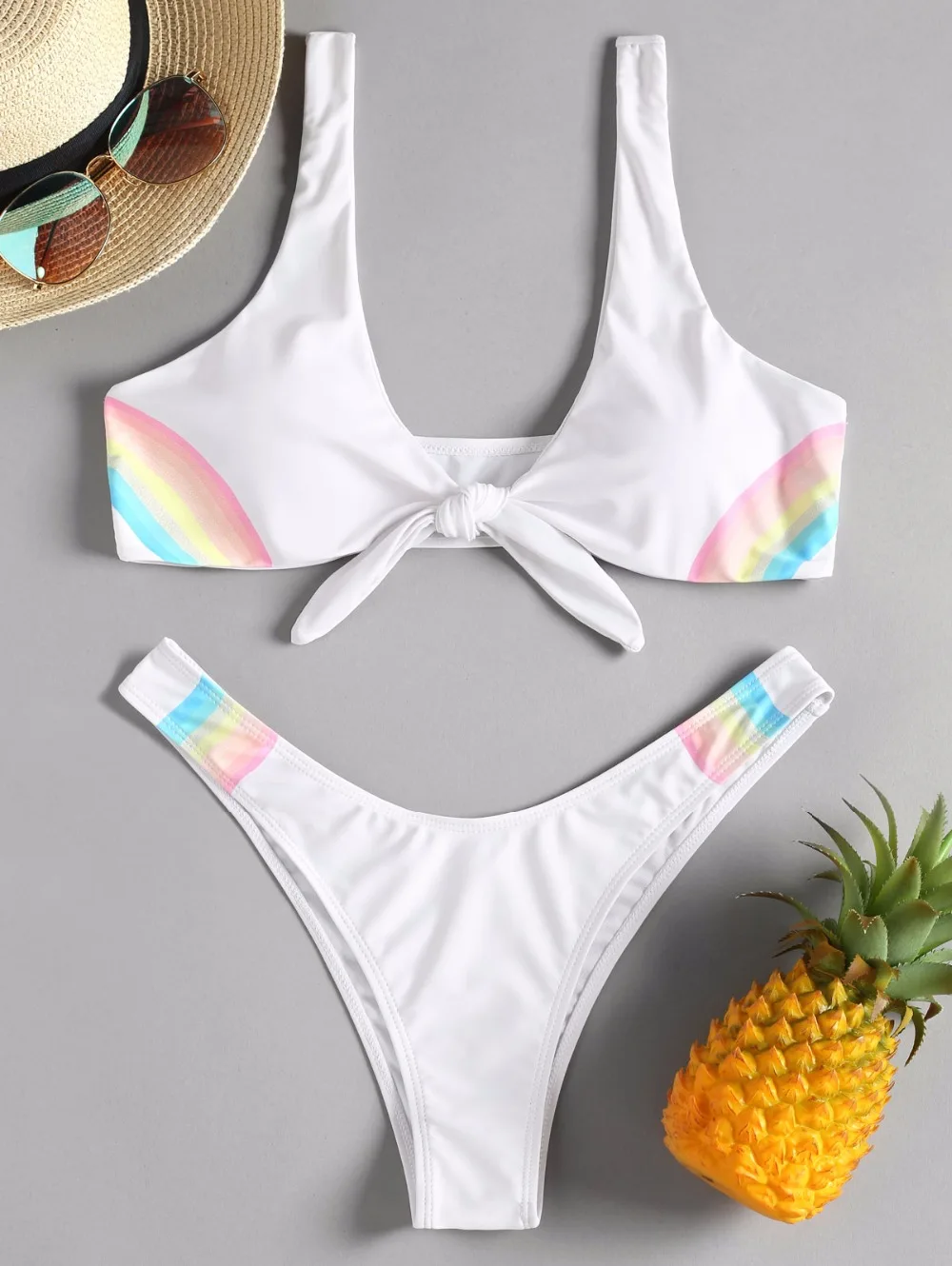 Zaful Women Bikini Swimwear Rainbow Print Knot Bikini Set Plunging Neck