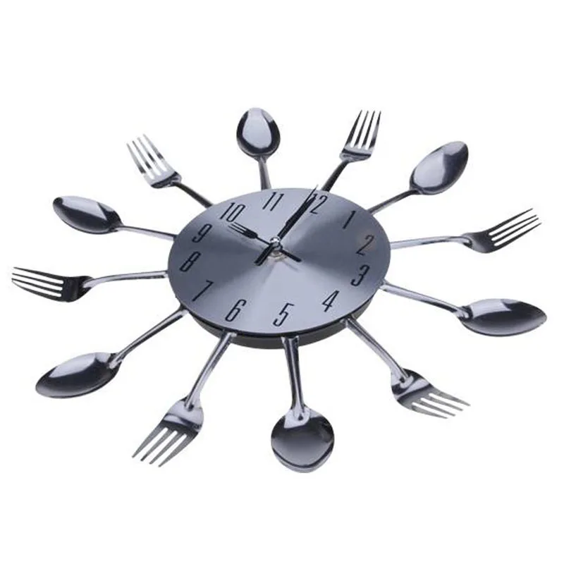 Modern Sliver Cutlery Kitchen 3d Wall Clock Spoon Fork Creative Mirror ...