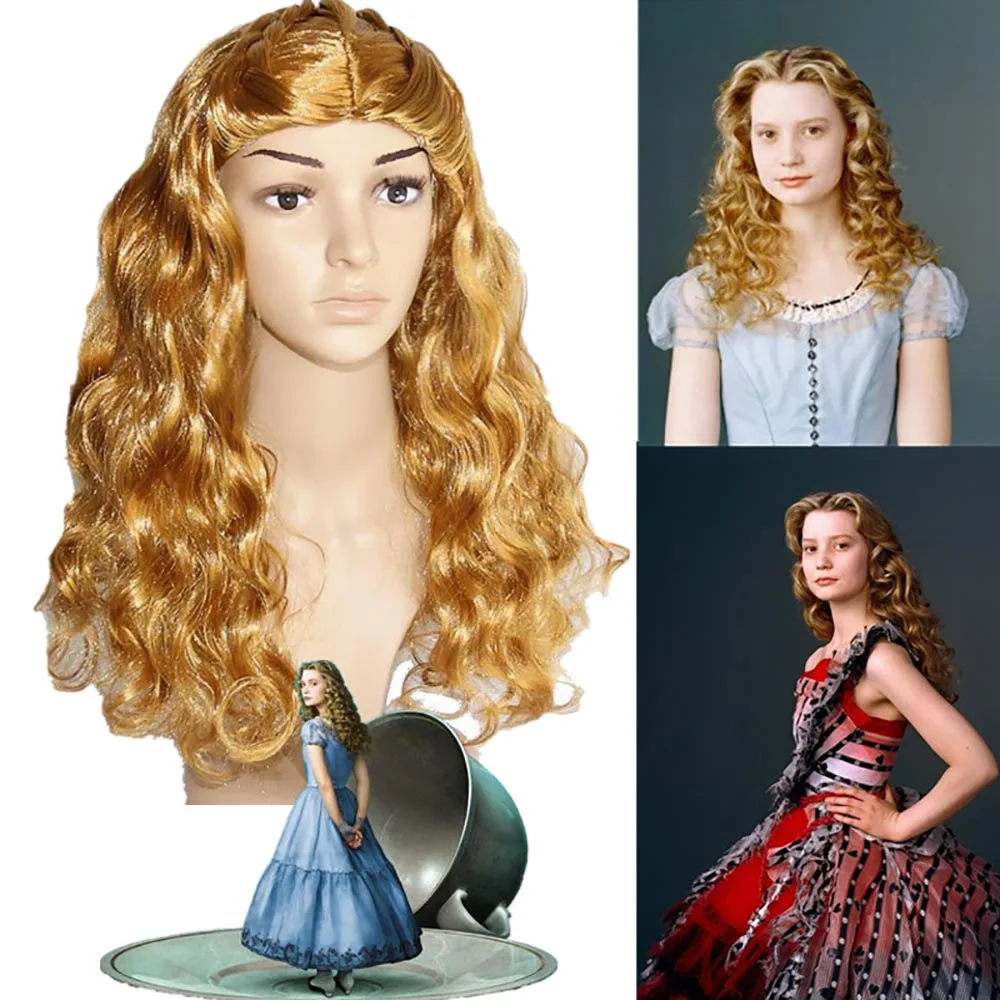 Alice in Wonderland Movie Cosplay Women's Alice Long Curly Golden Hair ...