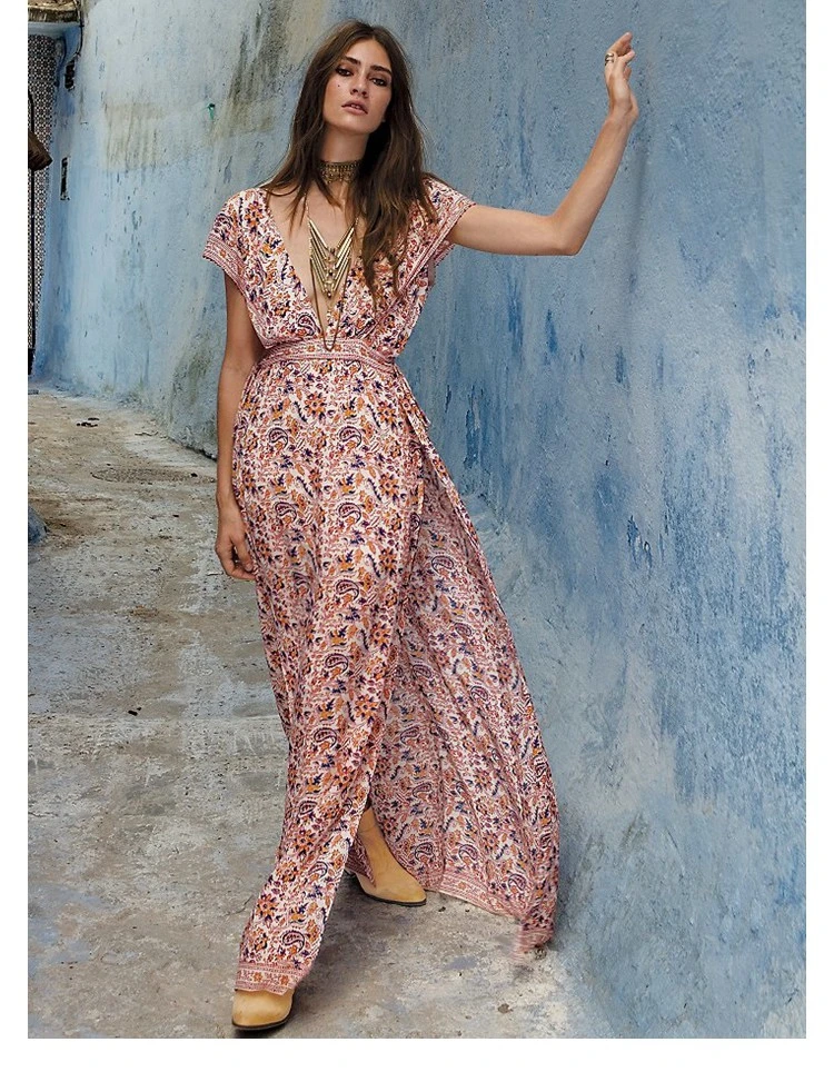 Floral Boho Maxi Dress Side Slits Bohemian Back Tie Up Hollow Out Long