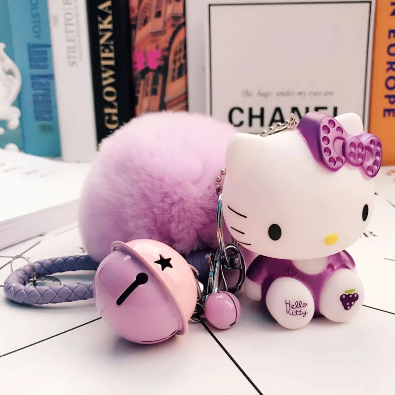 Hello Kitty PomPom Cartoon Keyring With Fur Ball - KawaiiMerch.com