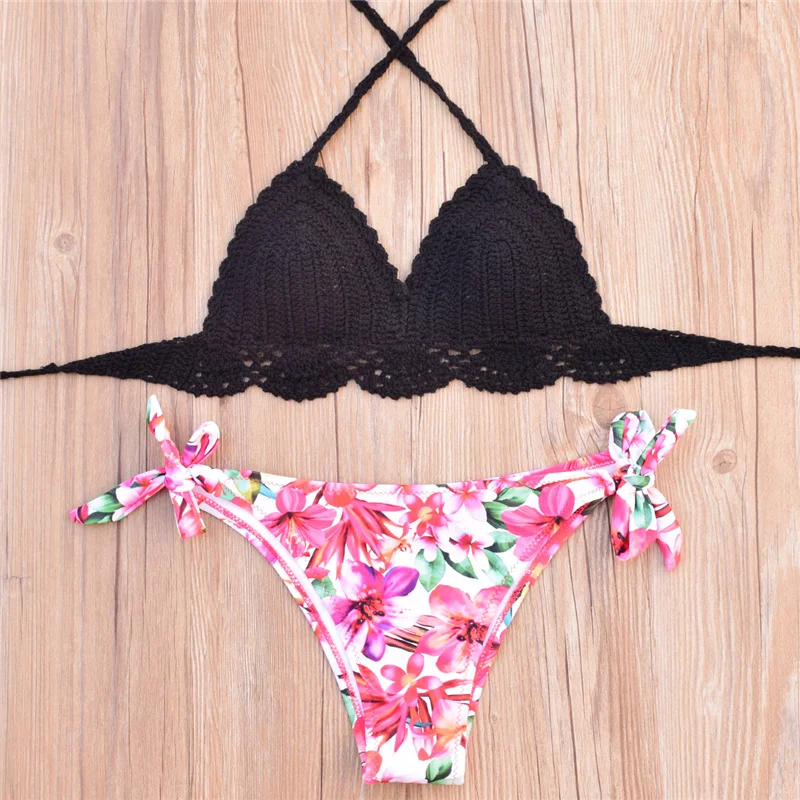 New Women Crochet Bikini Retro Handmade Knitting Swimwear Women Halter