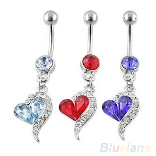 Hot 1pcs Rhinestone Crystal Heart Barbells Navel Belly Bar Button Ring