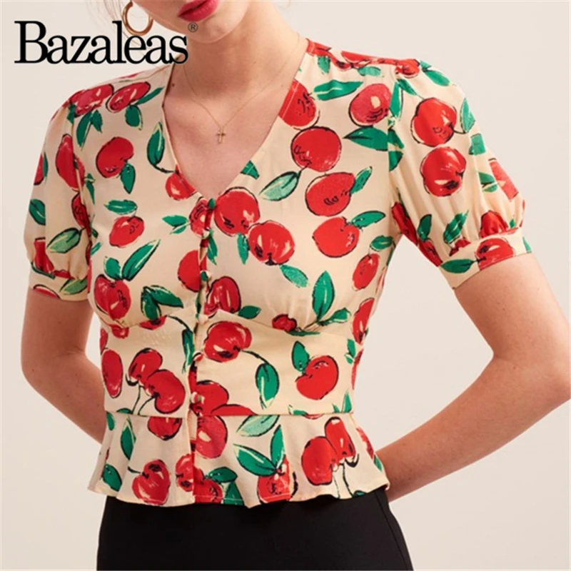 Bazaleas France Cream Cherries Print Blusas Vintage Women Blouse Slim