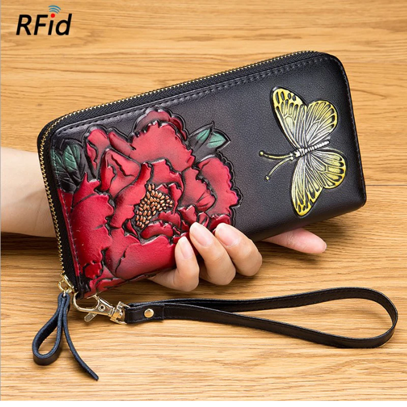 Fashion Vintage 3D Printed Wallets Women's Genuine Leather Purse Long ...
