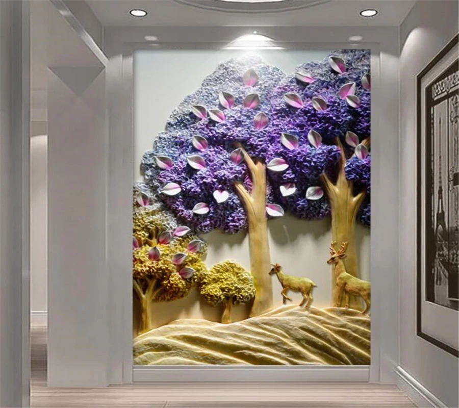 Living Room Corridor Entrance 3D Wallpaper Reliefs Purple tree Elk ...