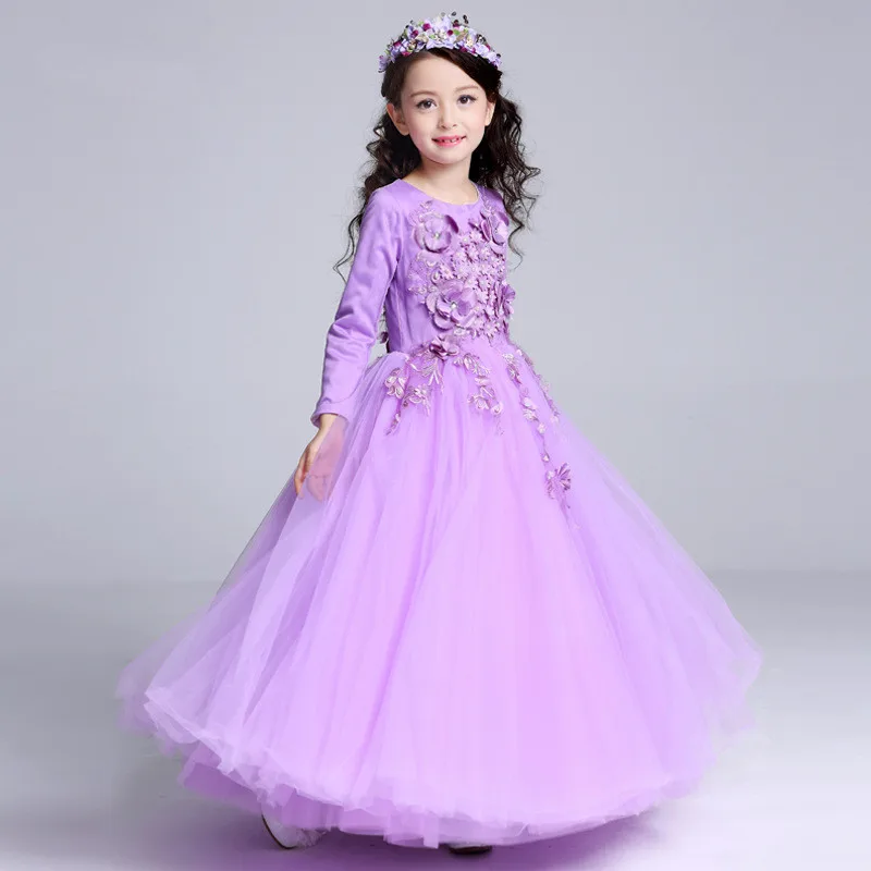 Elegant Long Lavender Spring Autumn Winter Kids Girls Flower Party ...