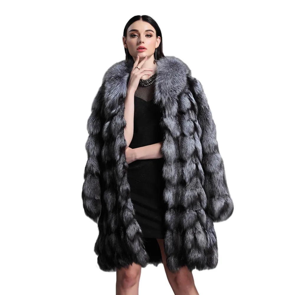 CY 106151 New Women's Long Real Fox Fur Coat Full Sleeve Big Fox Collar ...