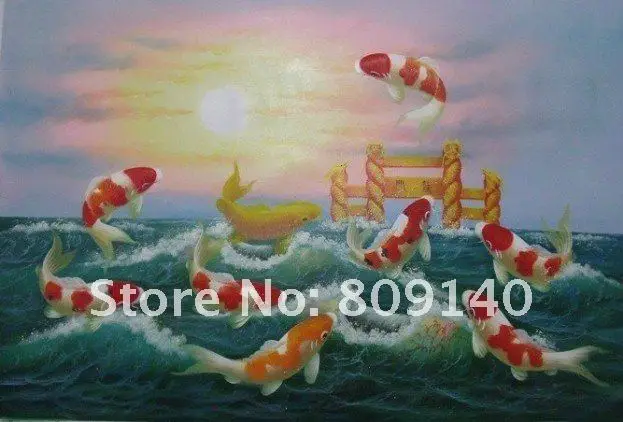 Koi oil painting canva Feng Shui artwork Nine Fish Jumping high quality ...