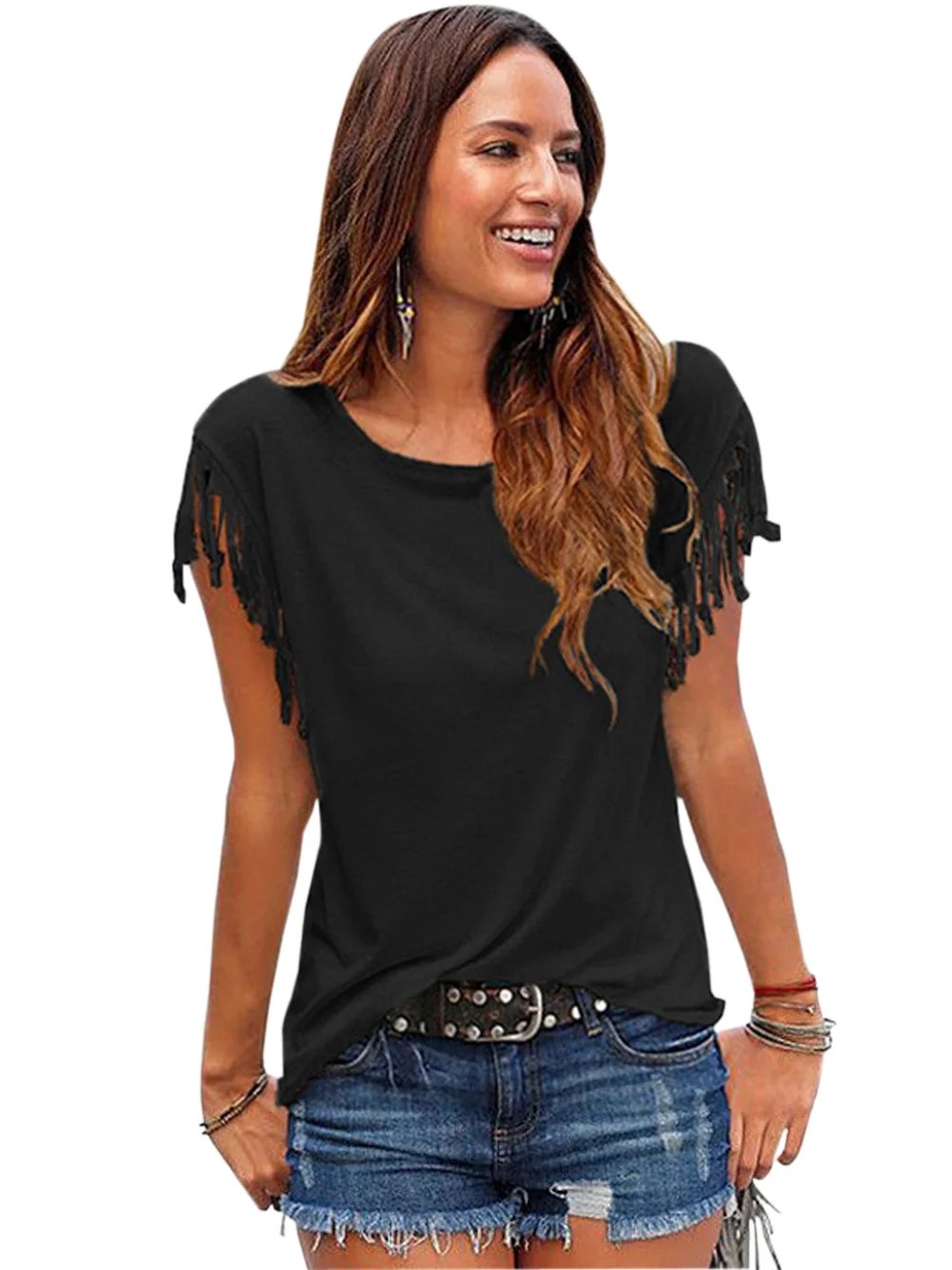 Plus Sizes Xxl Fringe Tassel Cap Sleeve Women Summer T Shirt Casual