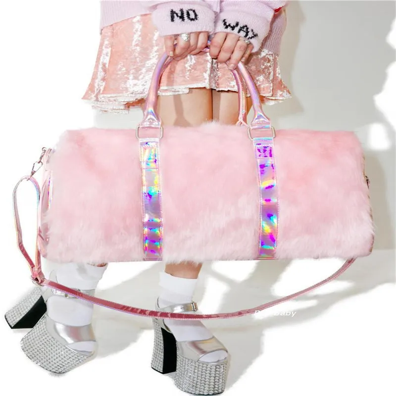 Pink Soft Rainbow Faux Fur Handbags Women Tote Bags Large Capacity