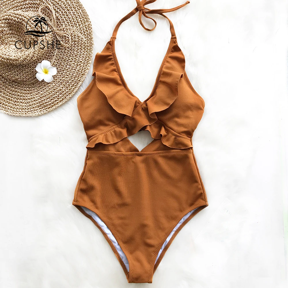 Cupshe Brown Ruffle Solid One Piece Swimsuit Women Deep V Neck Halter