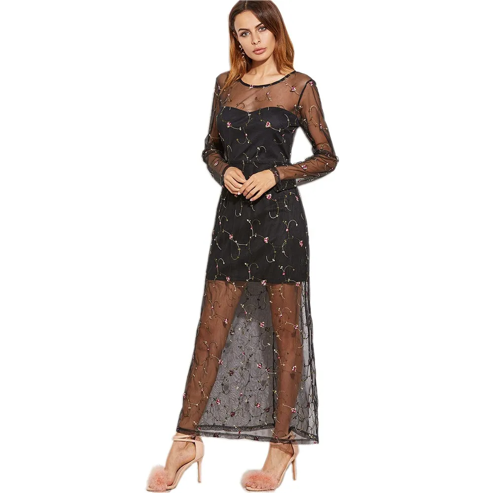 Lady Charming Transparent Maxi Dress Vestidos Robe Emboidery Florals ...