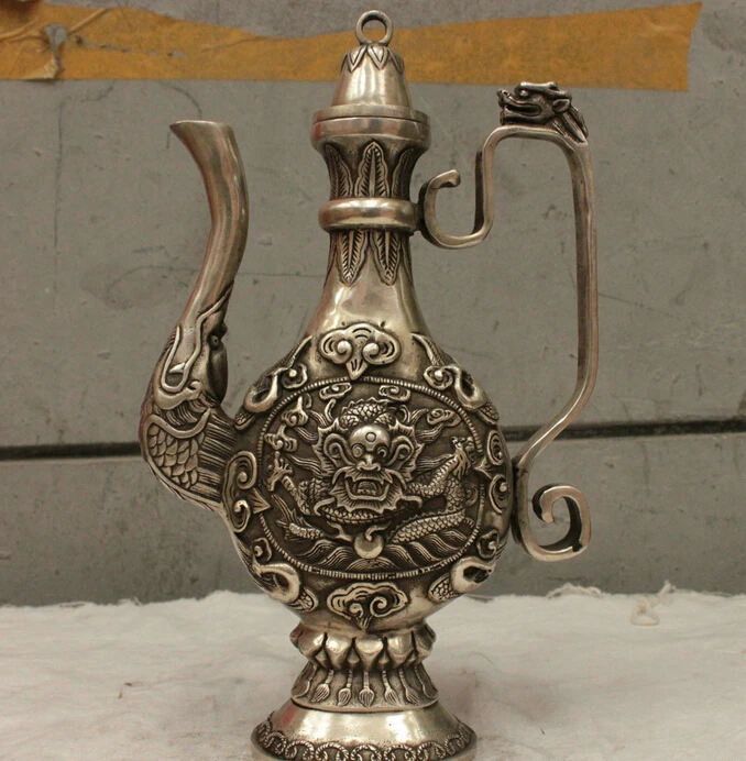 Chinese China Folk Culture HandMade Silver Bronze statue Dragon Flagon ...