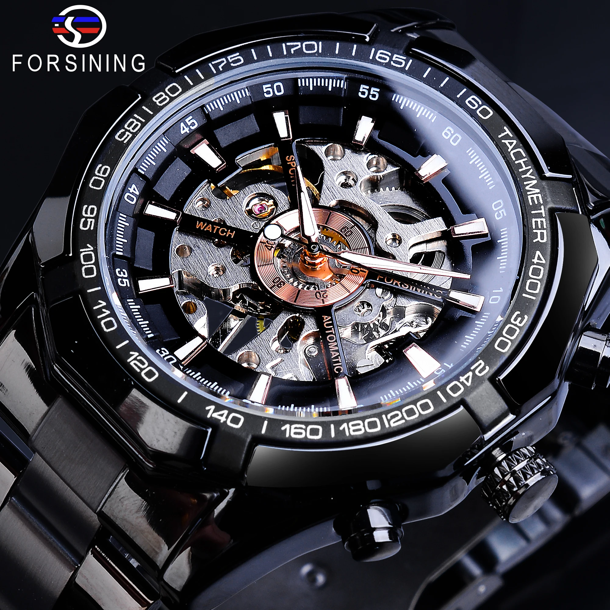 Forsining 2018 Racing Sport Clock Male Fashion Black Stainless Steel ...