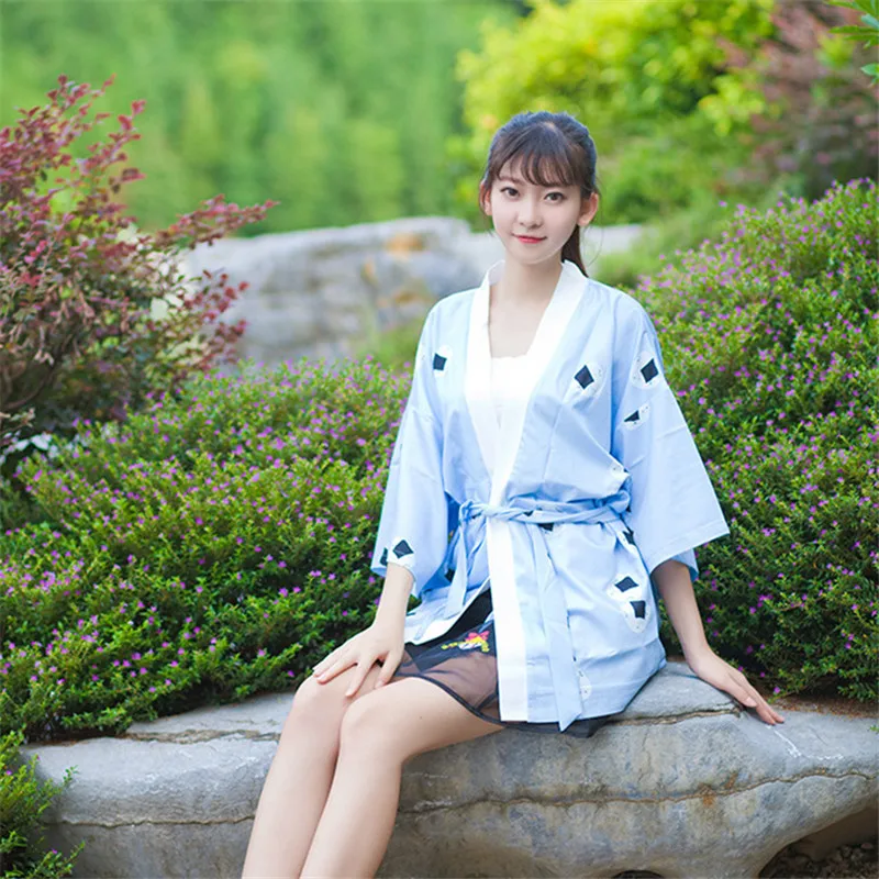 Short Kimono Yukata Blue Black Point Fresh Summer Coat Japanese Retro ...
