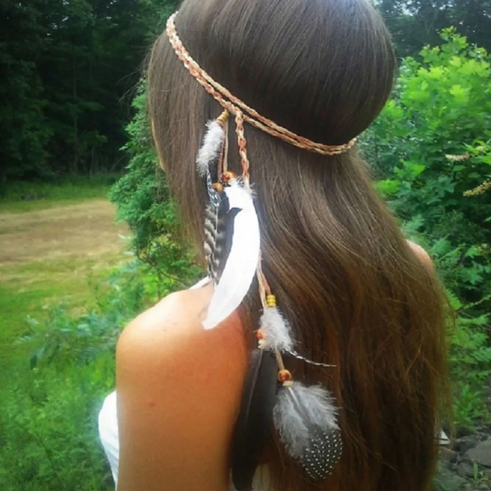 Boho Indian Feather Headband Headdress Hair Rope Headwear Tribal Hippie ...