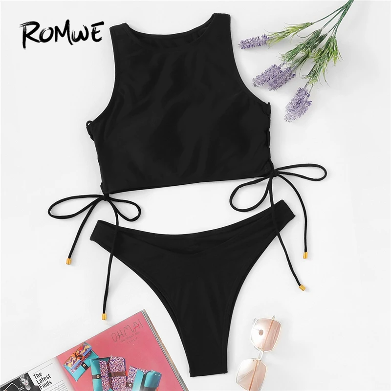 Romwe Sport Black Tie Side Top With Seam Trim Bikinis Set Women Summer