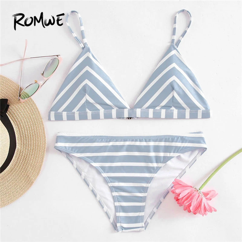 Romwe Sport Blue Striped Triangle Bikini Set Women Sexy Beach Swimwear