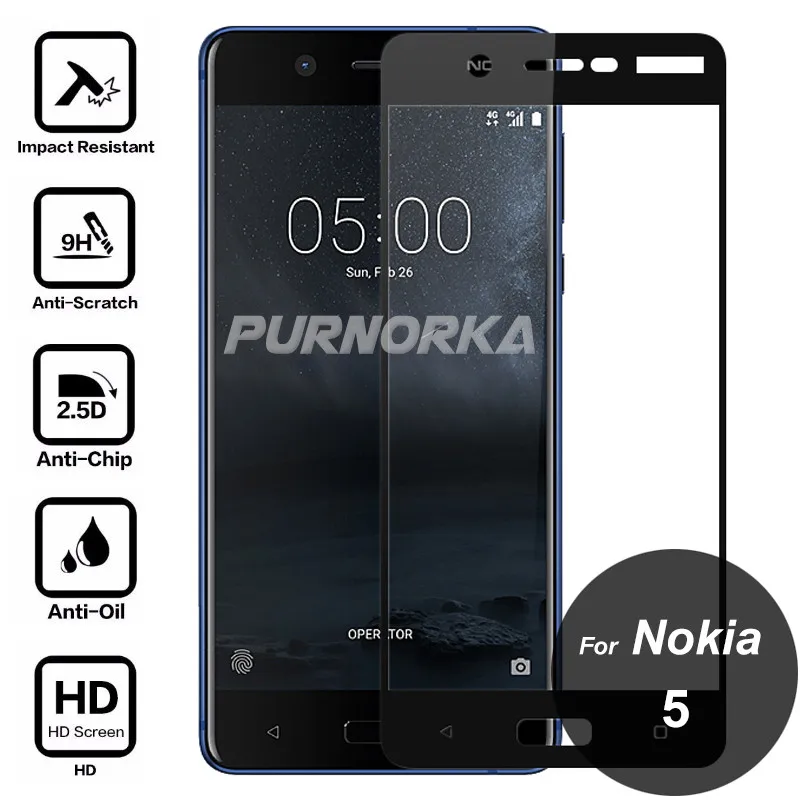 For Nokia 5 Tempered Glass 9H Full Cover Screen Protector Covering ...