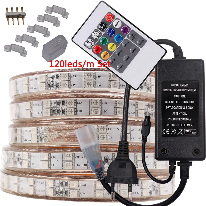 220V EU Power Plug RGB LED Strip 120leds/m Double Row 5050 Waterproof ...