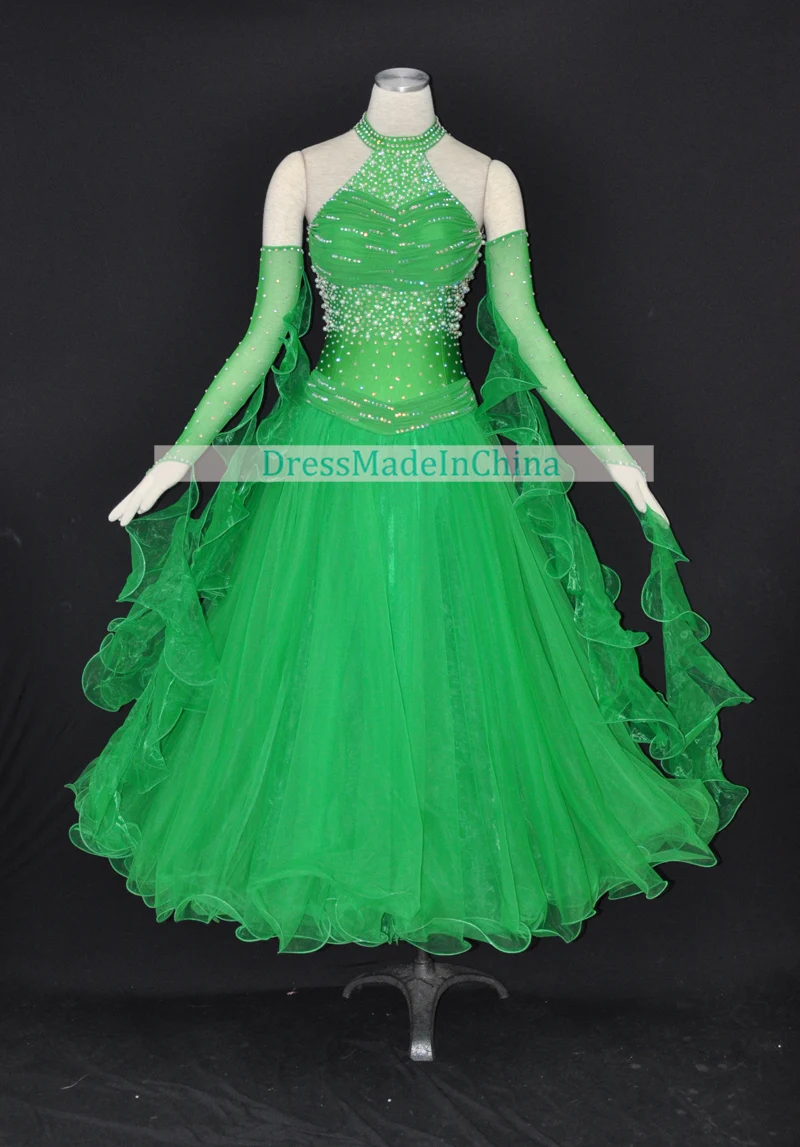Green Ballroom Dance Dresses Women New Style Halter Style Backless Flamenco Waltz Ballroom
