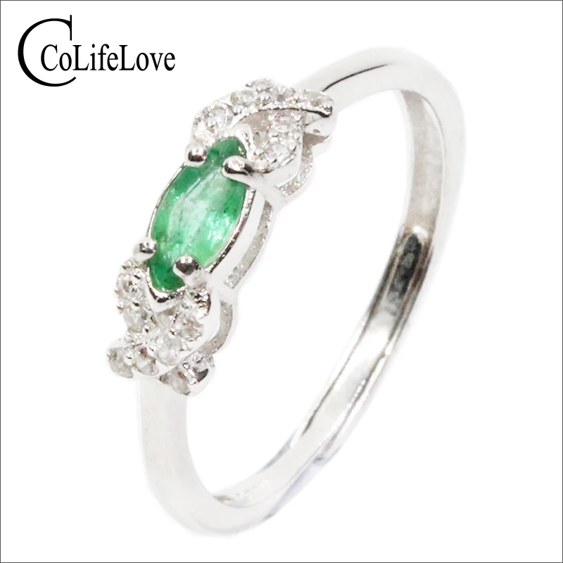 Fashion silver emerald engagement ring for woman 3 mm * 6 mm natural ...