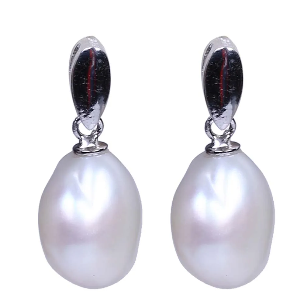 10mm Baroque Shape Freshwater Pearl Drop 925 Silver Earrings Classic