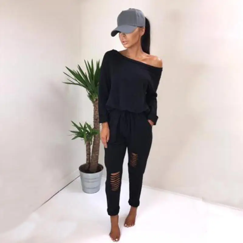 2017 가을 여성 기본 점프 수트 Playsuits 바디 슈트 섹시한 긴 소매 캐주얼 슬림 장난 꾸러기 오프 어깨 깨진 구멍