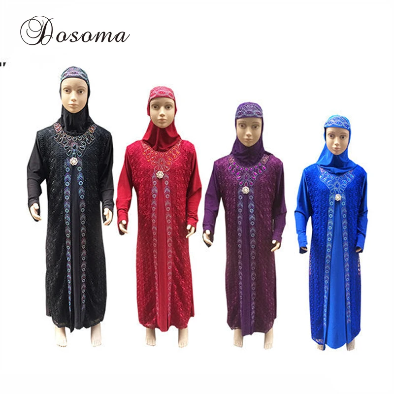 Children's Muslim Abaya Maxi Dress Knittiing Lace Vestido Robe Burka ...