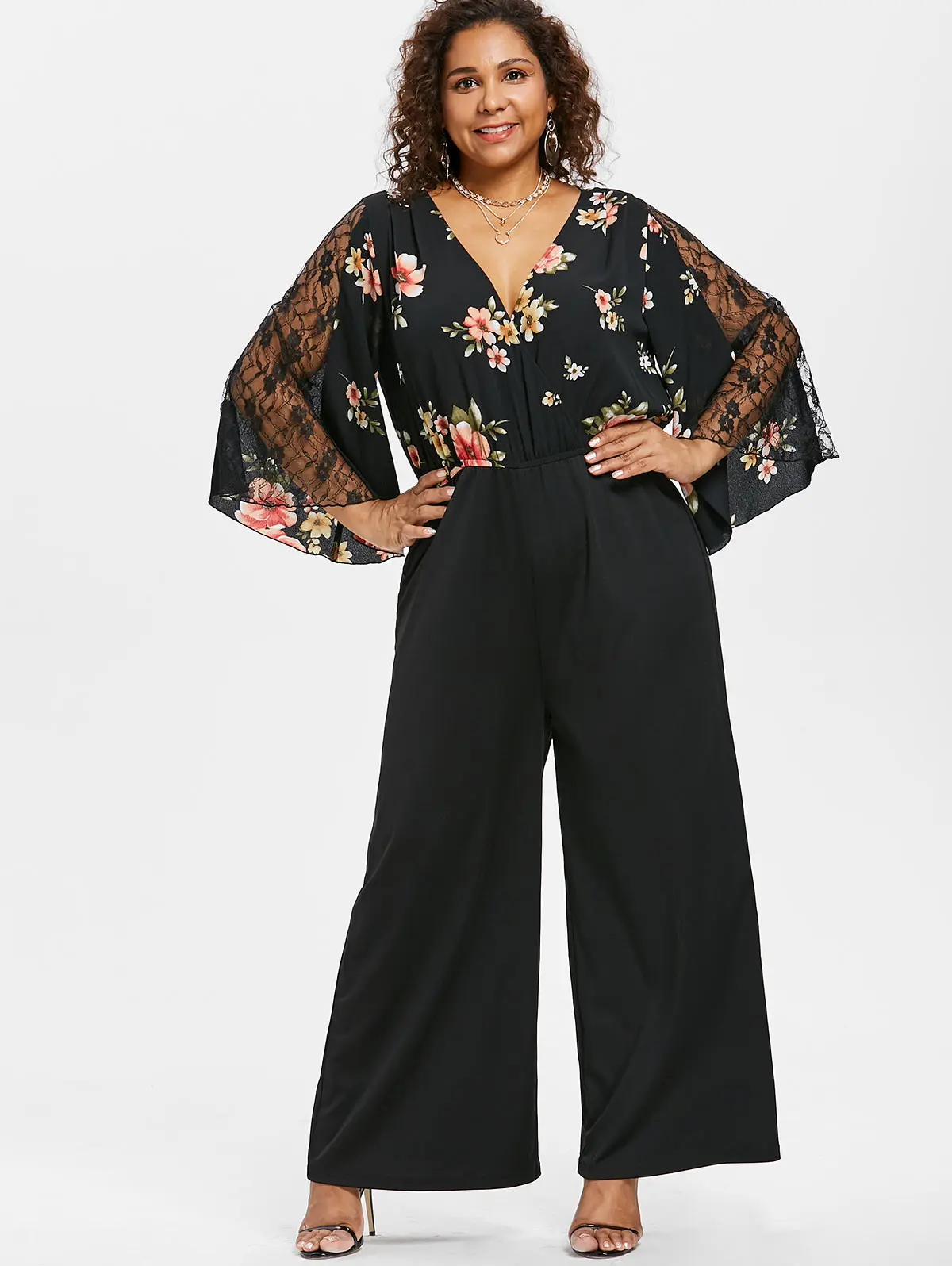 Wipalo Autumn Floral Print Jumpsuit Women Casual Black Wide Leg Rompers