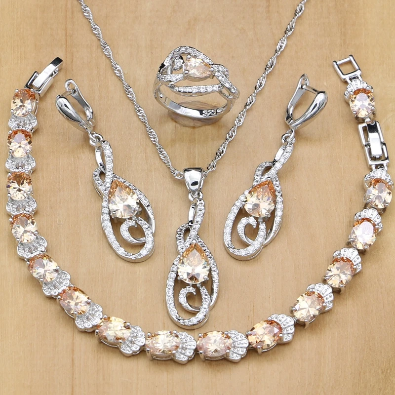 925 Sterling Silver Bridal Jewelry Sets Champagne Zircon White Crystal ...