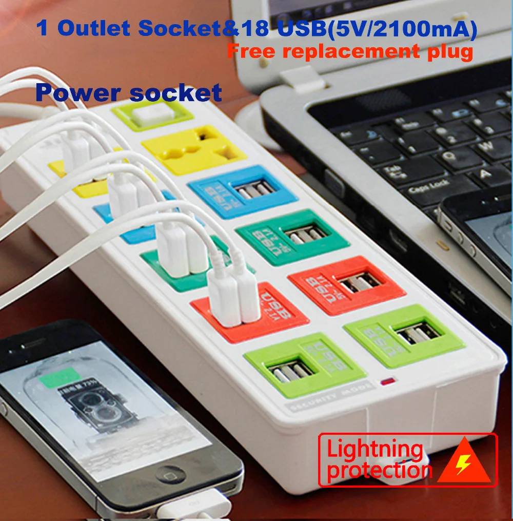 smart power socket plug 1 Outlet & 18 usb socket with EU UK US Power ...