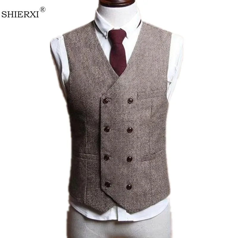 Men Vests British Style Slim Woollen Cloth Double Breasted Sleeveless