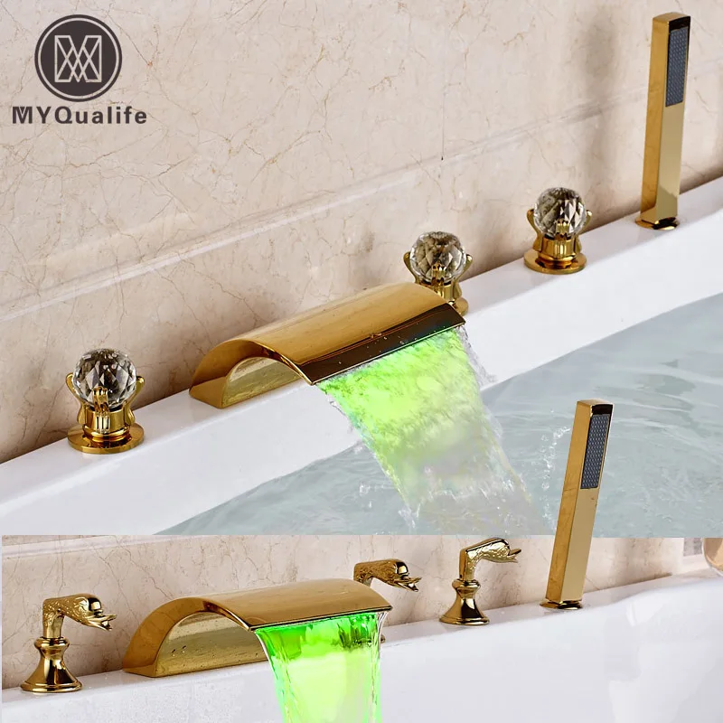 Golden Brass Bathtub Waterfall Spout Tub Filler Deck Mounted 5pcs With