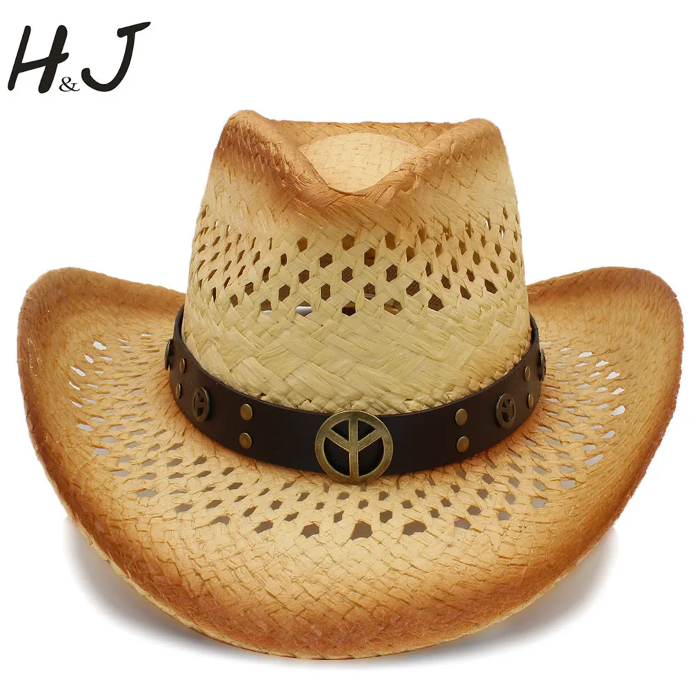 Fashion Women Men Western Cowboy Hat With Leather Band Beach Sun Straw ...