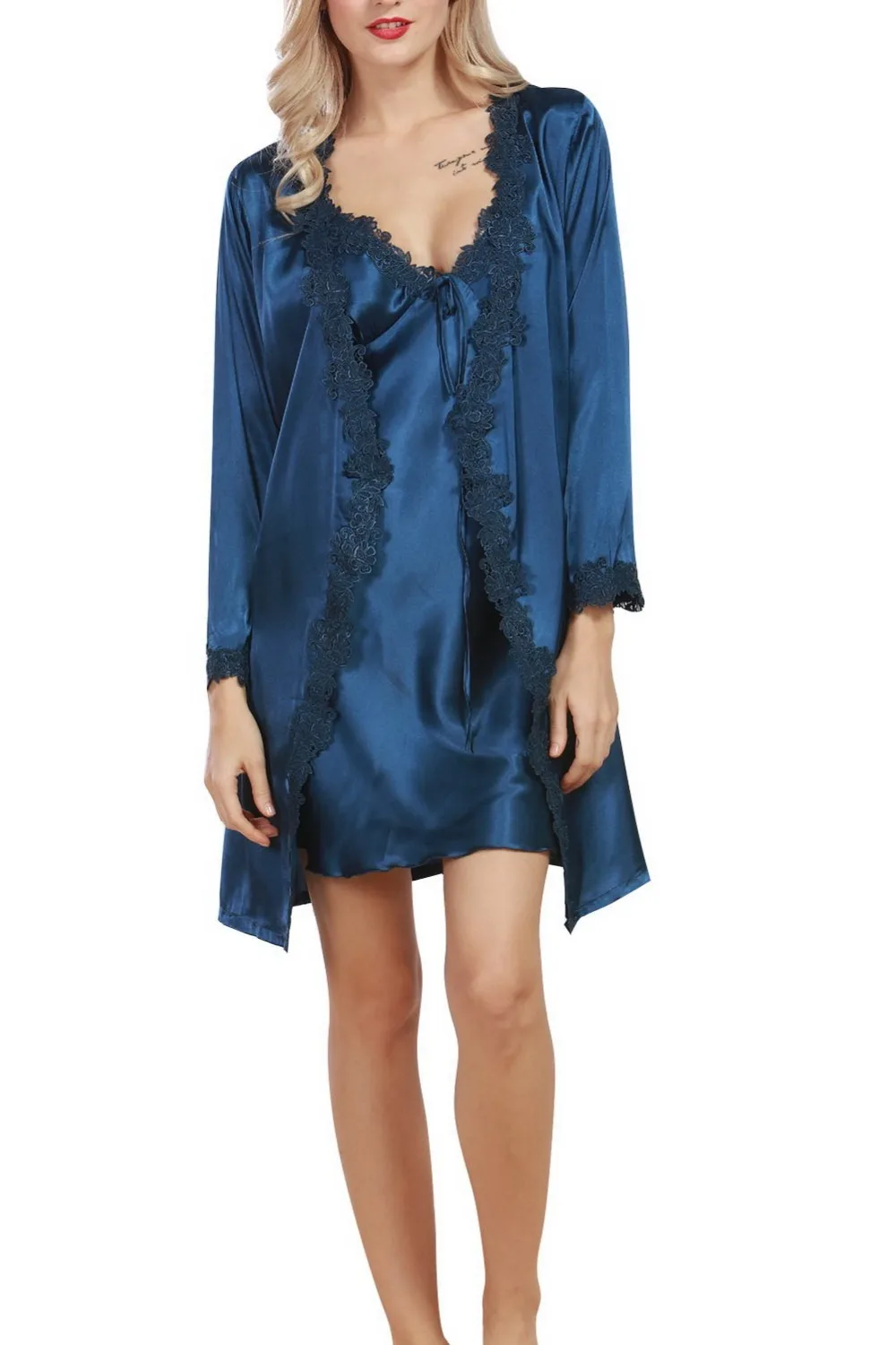UESEU Women's Lace Satin Two piece Sling Dress Bathrobes Tracksuit Robe ...