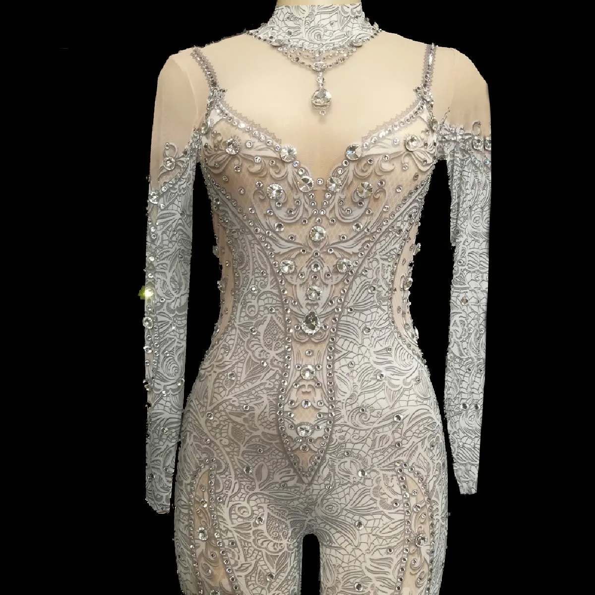 Glisten Rhinestones Sexy See Through Jumpsuit Womens Birthday